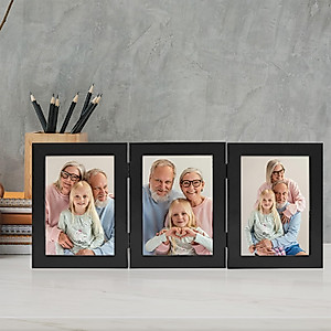 Frametory 5x7 Triple Picture Frames, Trifold Photos Frame Collage, Hinged Picture Frames with Glass Front Tabletop Display (Black, 1 Pack)