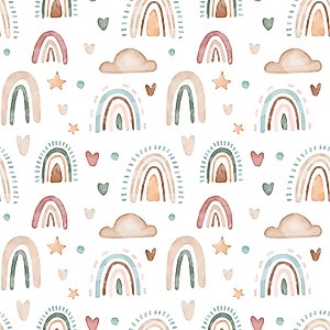 CHIHUT Boho Rainbow Wallpaper Watercolor Rainbow Peel and Stick Wallpaper Kids Cloud Heart Star Removable Wallpaper Self Adhesive Nursery Contact Paper for Girls Baby Bedroom Wall Decor 17.7”x100”