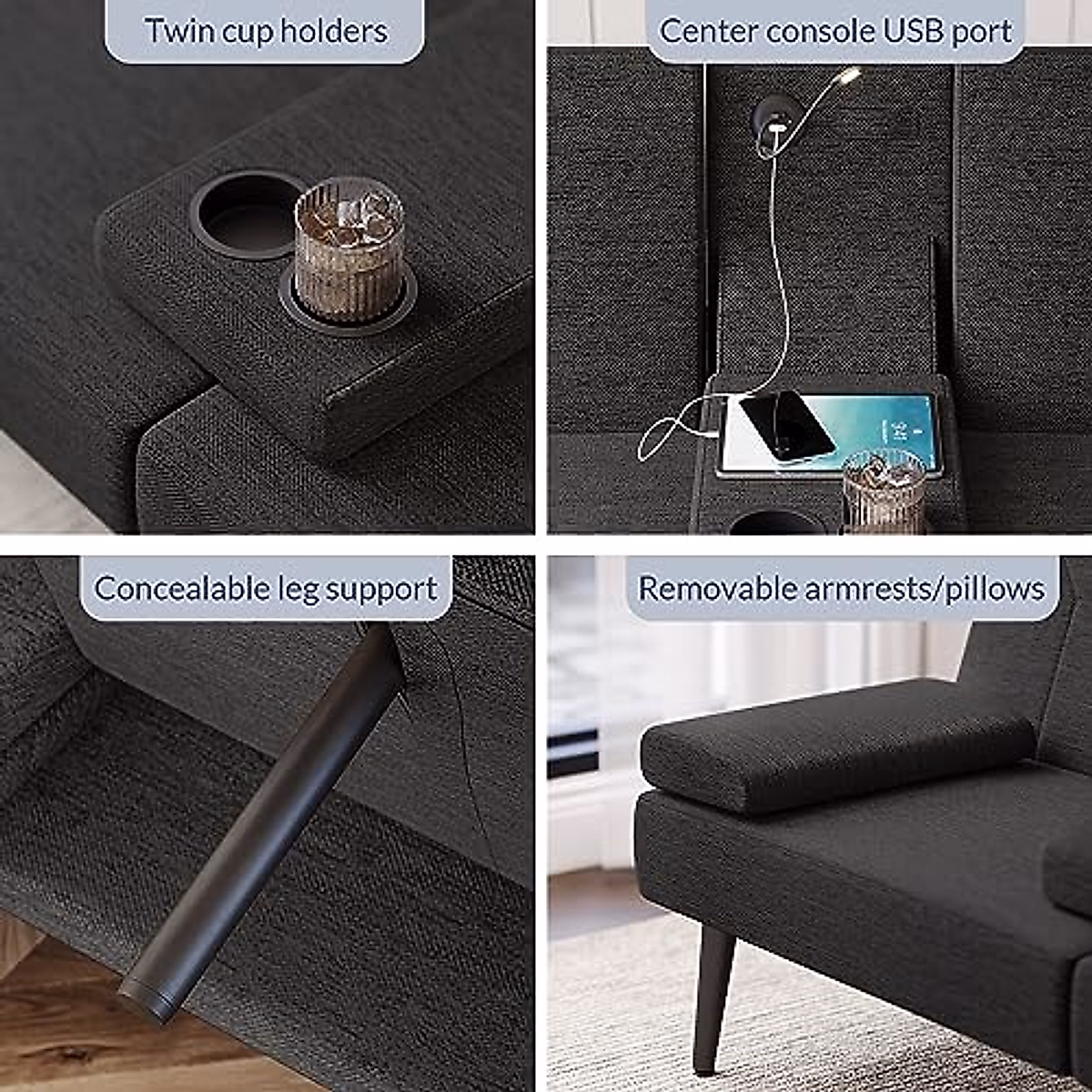 BELLEZE Convertible Sofa Bed with USB Charging Port, Modern Loveseat, Sleeper Sofa, Futon Couch for Living Room, Guest Room, Garage - Madison (Dark Gray Linen)