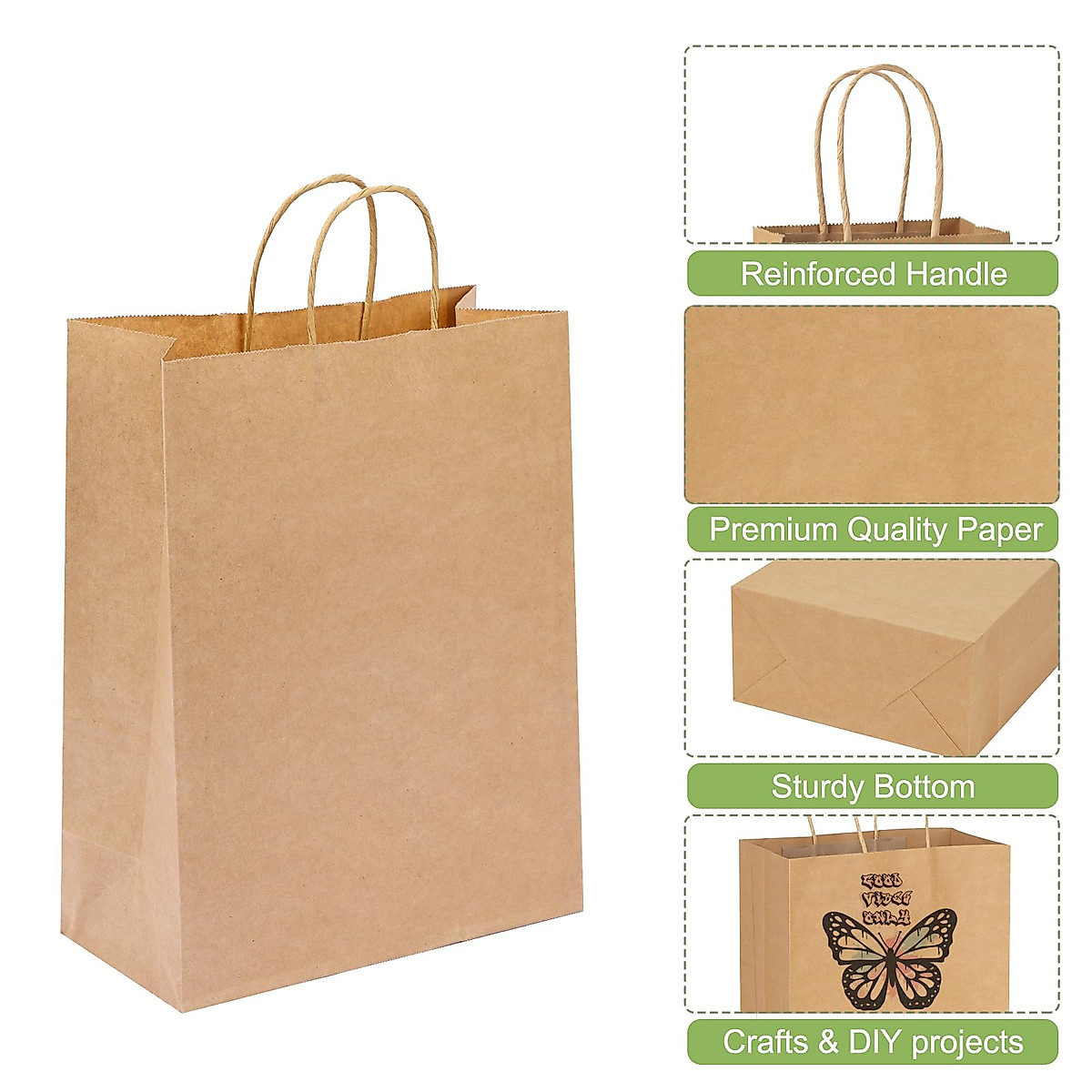 Moretoes 60pcs Gift Bags, Paper Bags with Handles, 7.1x3.6x9.3 Inch, Kraft Paper Bags Bulk Medium Size, Retail Bags, Brown Paper Bags for Party, Businesses, Shopping