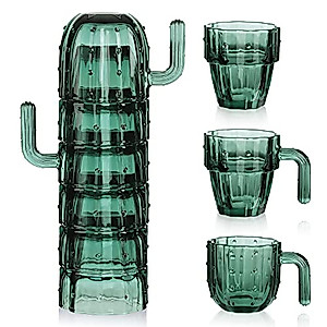 Joeyan Vintage Glassware, Stackable Cactus Drinking Glass Cups, Vintage Green Colored Drinking Glass Tumblers for Wine Juice Beverages Water Coffee, Set of 6, 8 oz, Heavy Duty, Dishwasher Safe