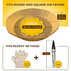 DIRRECTLIINES 220 PCS Large Air Fryer Disposable Paper Liner 7.9 Inch, 100 Disposable Gloves, 7 Inch Kitchen Tong, Parchment Paper for Baking and Roasting, Unbleached and Oil Proof, Brown, AIFRDPL