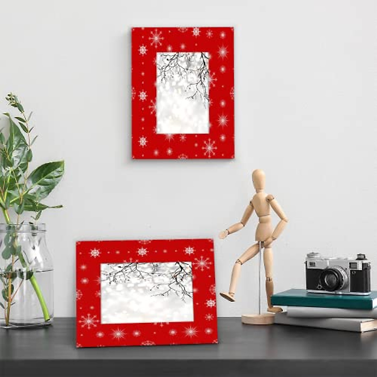 Pardick Xmas Red 4x6 Picture Frame, Christmas Snowflake Wooden Photo Frames for Tabletop and Wall Display, Picture Frame Home Office Decor