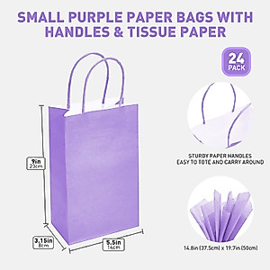 DjinnGlory 24 Pack Small Purple Lavender Paper Gift Bags with Handles 9x5.5x3.15 Inch and 24 Tissue Paper for Business Birthday Wedding Bridal Baby Shower Party Favors Goodies