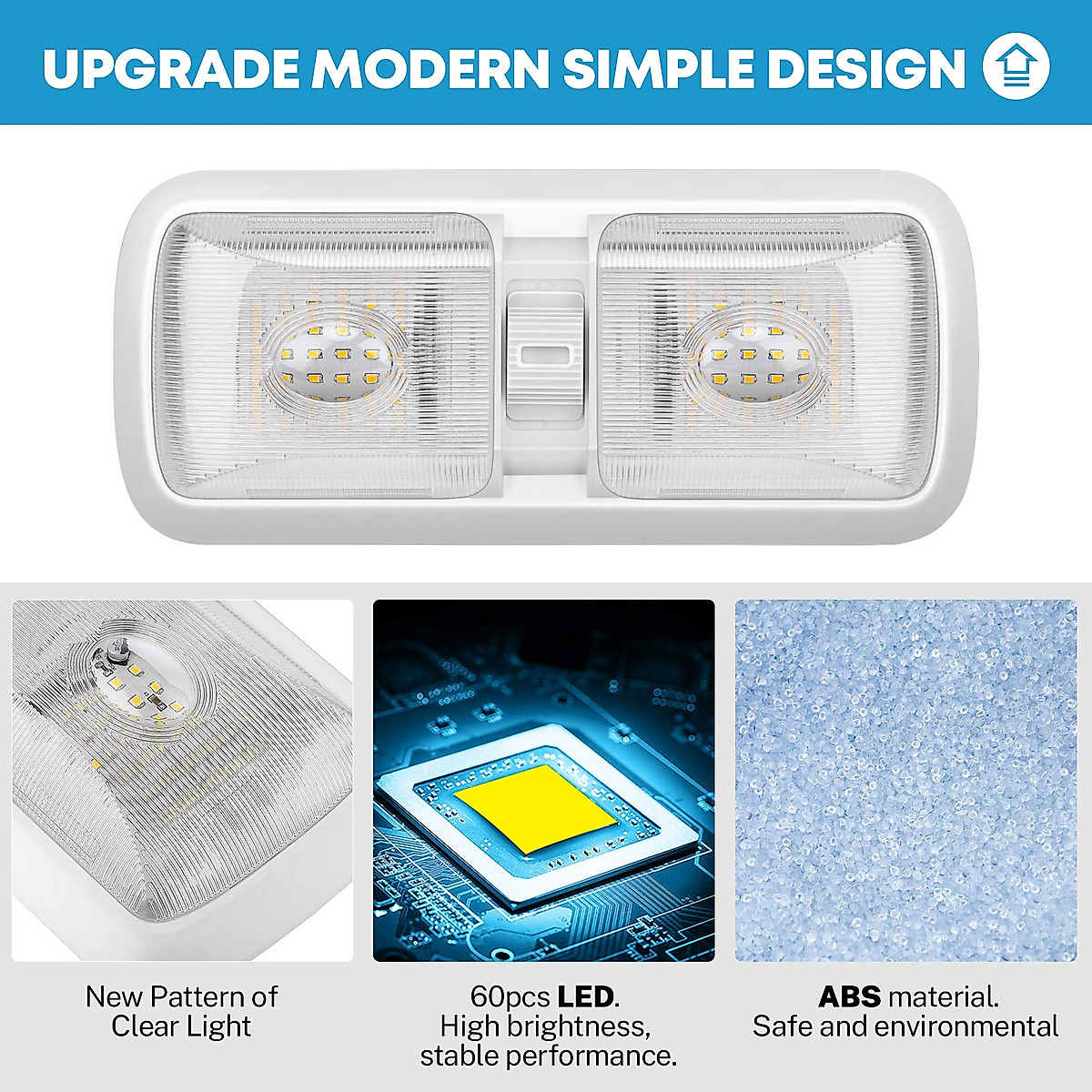 Kohree Upgrade 1000 Lumen Led RV Ceiling Double Dome Light Fixture, 5 Pack 12V Camper Interior Lighting with ON/Off Switch for Trailer RV Car Boat, Clear Cover (Natural White 4000-4500K, 60 X 5050SMD)