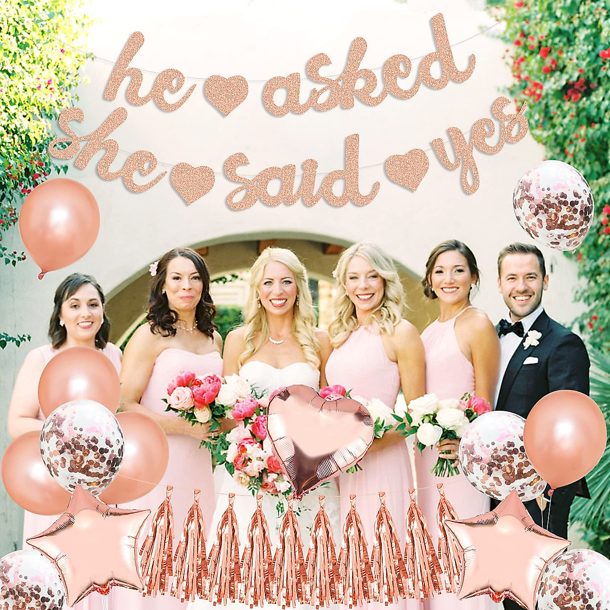 Rose Gold Bachelorette Party Decorations,He Asked She Said Yes Banner,Confetti Latex Balloons,Heart & Star Shaped Foil Balloon,Metallic Foil Tassel Garland for Wedding Bridal Shower Engagement Party