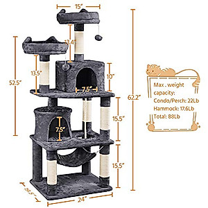 Yaheetech 62.2inches Cat Tree Cat Tower Cat Condo with Platform & Hammock, Scratching Posts for Kittens Pet Play House with Plush Perch for Indoor Activity Relaxing