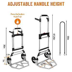 Dolly Cart Folding Hand Truck Dolly 309 lb Capacity Aluminum Heavy Duty Hand Cart with Swivel Handle and 7 inch Rubber All Terrain Silent Large Wheels, Portable Foldable Cart for Moving Heavy Item