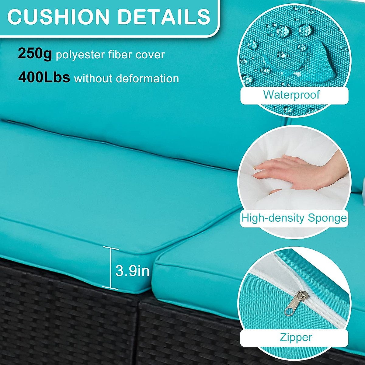 Kinsunny 4 Piece Outdoor Conversation Set Patio Sectional Sofa PE Wicker Furniture Sets with Glass Coffee Table and Cushions for Porch Lawn