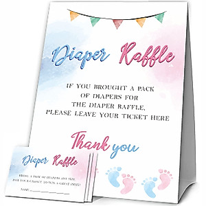 JCVUK Baby Shower Games, 1 Diaper Raffle Standing Sign with 50 Diaper Raffle Tickets, Blue and Pink Baby Footprints Theme Gender Reveal Party Decorations and Supplies For Boys or Girls(LBLK-A04)