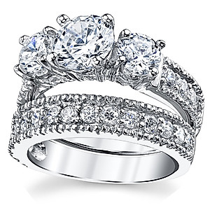 1.25 Carats Sterling Silver Past Present Future 2-Pc Bridal Set Cubic Zirconia Engagement Wedding Ring Band ( size 8)