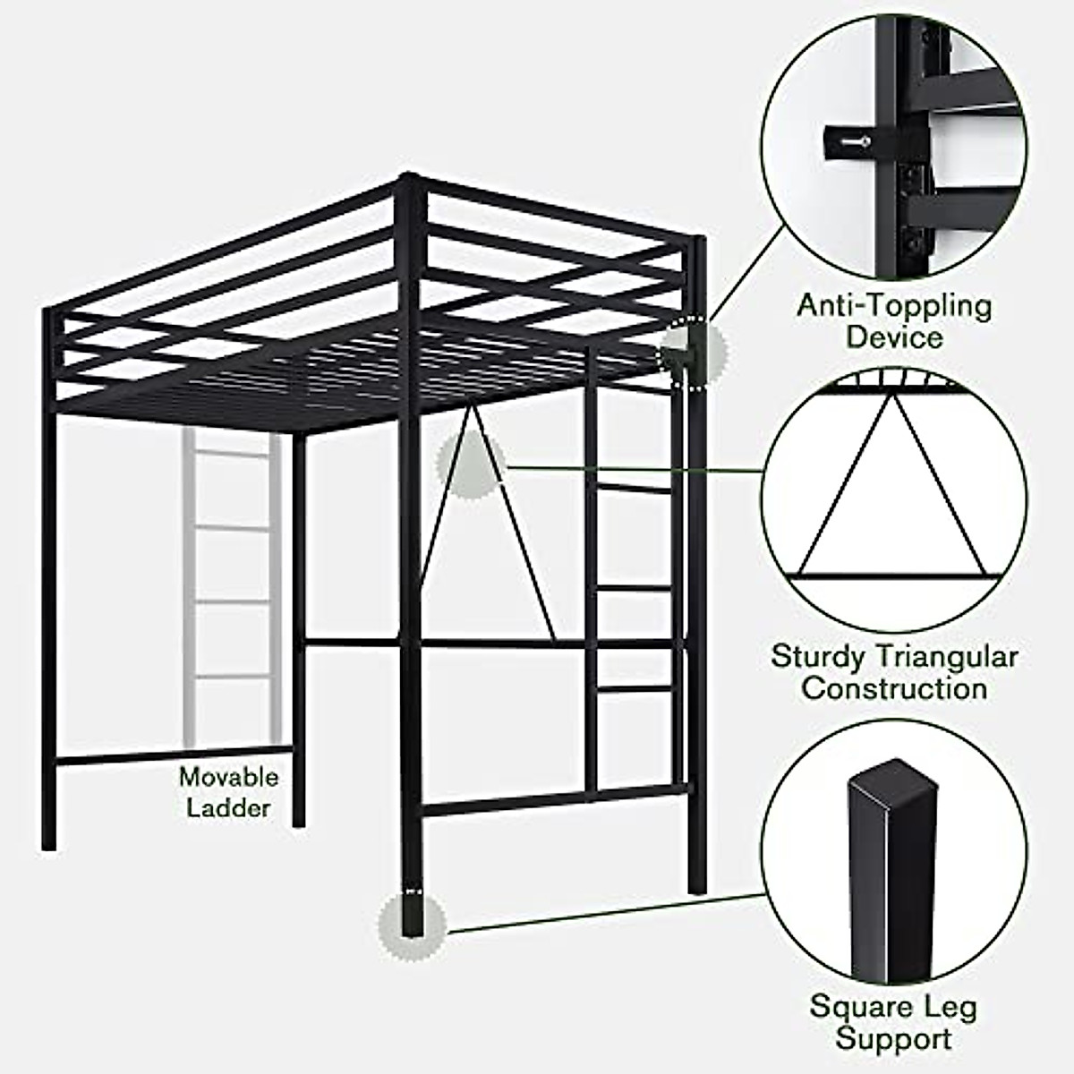 IMUsee Loft Bed Frame for Juniors&Adults, Metal Loft Bed Twin Size with Safety Guardrail&Removable Ladder, Space-Saving, Noise Free, Matte Black