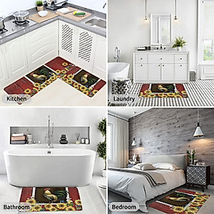 Farmhouse Rooster Kitchen Mats and Rugs Set of 2, Washable Absorbent Chicken Sunflower Kitchen Runner Rug Carpet Anti-Fatigue Comfort Mat for Kitchen Bathroom Laundry