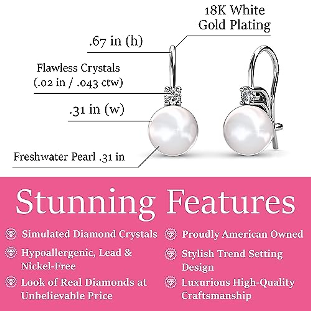 Cate & Chloe Cassie 18k White Gold Pearl Drop Earrings For Women | Women's Drop & Dangle Earrings With Crystals, Classic Pearl Earring Set, Fashion Earrings For Women, Hypoallergenic Earrings