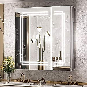 TokeShimi Medicine Cabinet 30x32 in Bathroom LED Vanity Mirror 3 Colors Stepless Dimming CRI 80+ Anti-Fog Memory Funtion Wall Mount Make up Mirror for Bathroom Décor