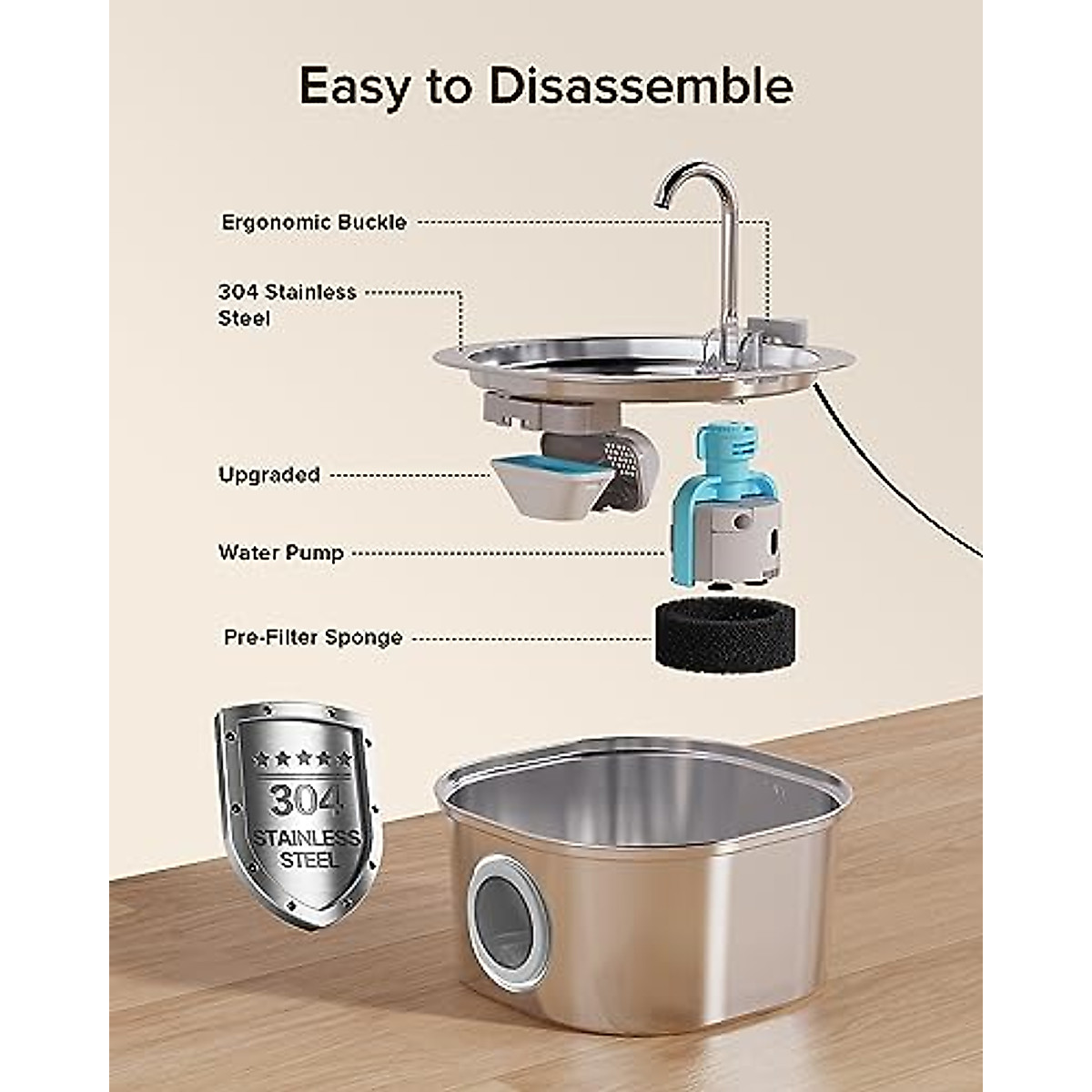 PEKTACO Cat Water Fountain, Pet Water Fountain for Cats/Dogs Inside, Stainless Steel Cat Drinking Fountains with Water Level Window(3.2L/108oz)