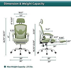 Sweetcrispy Swivel Rolling Padded Armrests Headrest, High Back Lumbar Pillow and Retractable Footrest Ergonomic Home Office, Height Adjustable Reclining Mesh Chair, Green