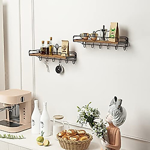 QUTREY Floating Shelves for Wall with Hooks, Metal Scroll Wall Art Decor Shelf for Living Room, Bedroom, Entryway, Bathroom, 2 Packs, Black