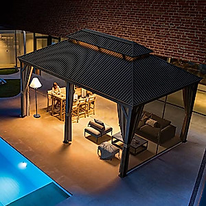 Greesum 12'x20' Hardtop Metal Gazebo, Outdoor Galvanized Steel Double Roof Canopy, Aluminum Frame Permanent Pavilion with Netting and Curtains for Lawns, Patio, Backyard and Deck