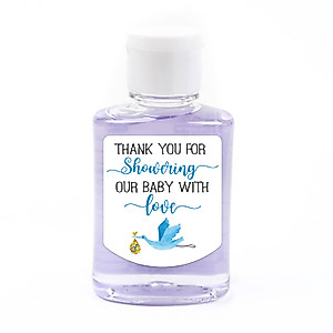 Hand Sanitizer Labels Thank You for Showering Our Little One with Love Stickers, Baby Shower Favor Party Favors Boy., Blue,1.26inches x 1.39inches