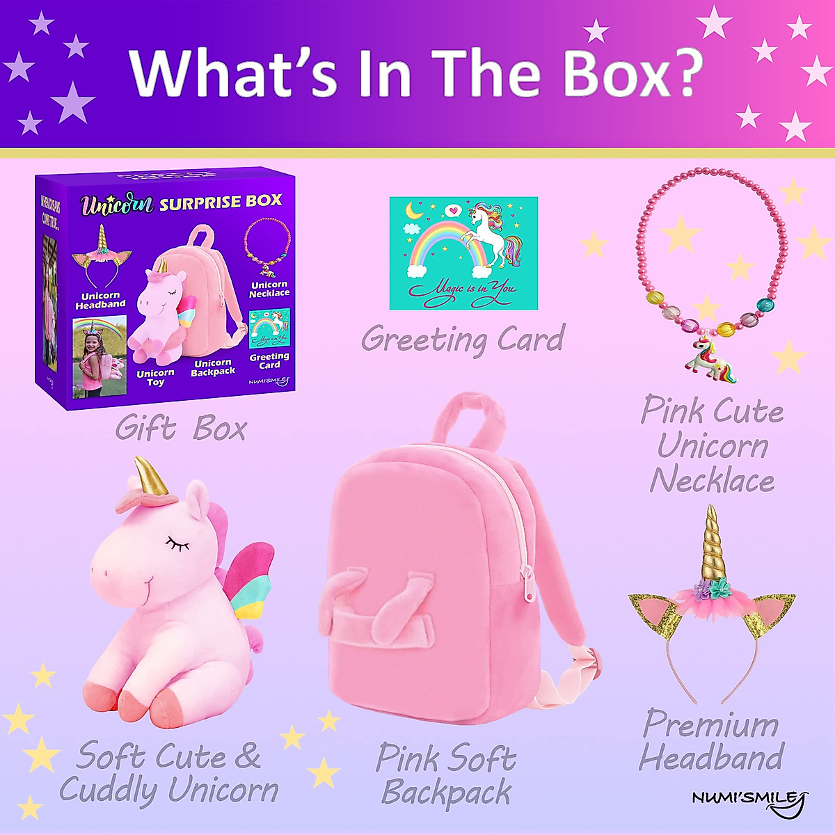 Unicorn Gifts For Girls In A Surprise Box With A Unicorn Plush,Unicorn Backpack, Unicorn Necklace,Unicorn Headband And Greeting Card,Kids Toys,Birthday Girl Present Set Stuffed Animal,Toddler Baby Bag