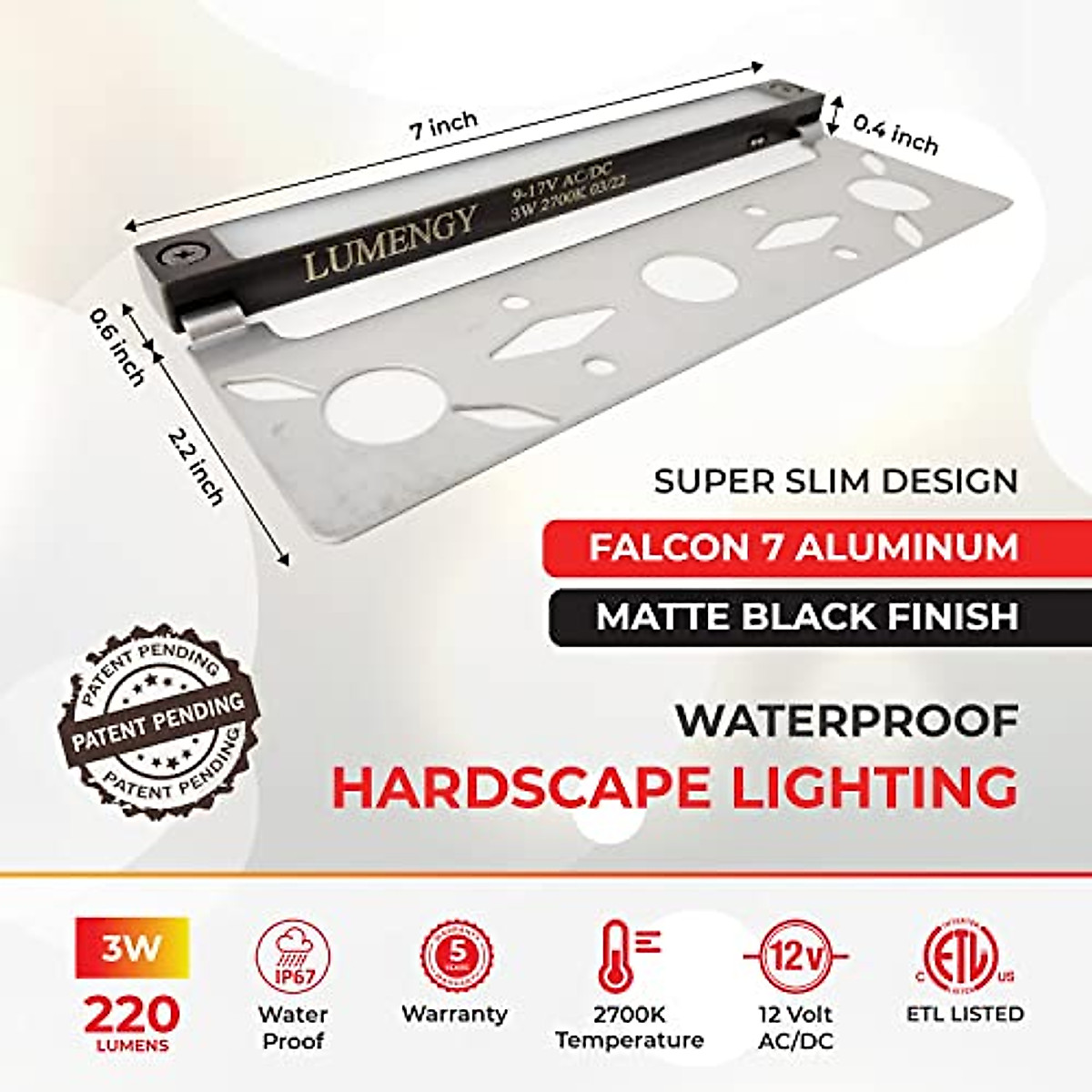 LUMENGY 7-inch 3w Super Slim LED Hardscape Light, Aluminum Black, 3 Mounting Plates for Walls, Decks, Planters, Paver Step & Ceiling, No Visiable Screws, Easy Installation Design, 50K Hours (6-Pack)