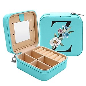 XVX Personalized Mini Jewelry Organizer Box - Ideal Birthday & Graduation Gifts for Daughters, Granddaughters | Travel Initial Jewelry Case for Girls Women-Cyan Z