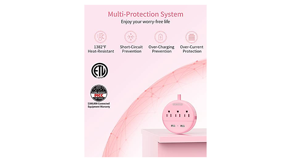 Rose Pink Power Strip with USB & Wall Mount for Home & Travel