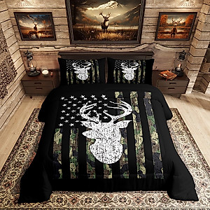 American Flag Comforter Set,Deer Hunting Down Comforter Army Green Military Camo Bedding Set Full For Boys Teens Kids Man,Western Farmhouse Stars Stripes Bedding Quilt Set Bedroom Decor 3 Pcs