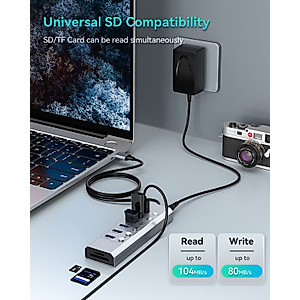 Powered USB 3.0 Hub, Elecife 8-Port Powered USB Hub, Aluminum USB Splitter with 6 USB 3.0 Data Ports, SD/TF Card Readers, Individual On/Off Power Switches and 5V/3A Power Adapter (42 inch)