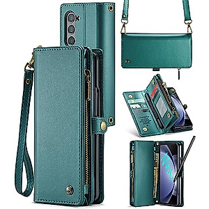 ASAPDOS Samsung Galaxy Z Fold 5 Wallet Case with S Pen Holder,PU Leather Strap Wristlet Flip Case with Magnetic Closure[S-Pen Fully Compatible],Card Holder[RFID Blocking] and Kickstand Blue-Green