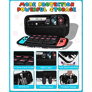 Gurgitat 9in1 Skull Skeleton Switch Case for Nintendo Switch Carrying Cases & Storage Accessories Bundle Kit Thumb Grips+Game Holder+Dockable Skin+Shoulder Strap+Sticker for Switch Travel Pouch Bag