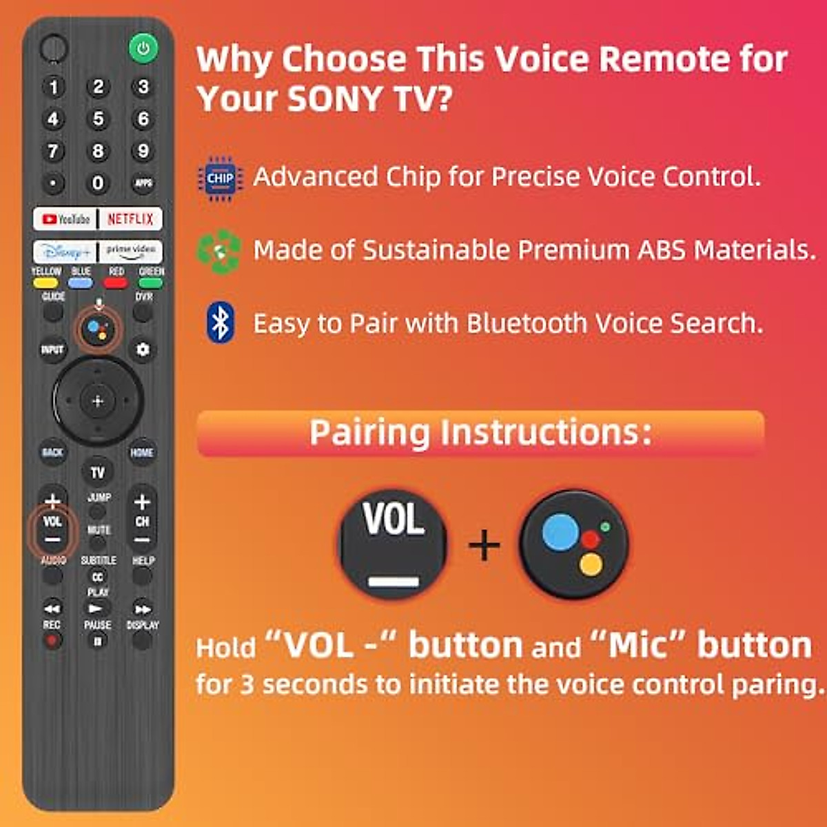 Replacement Sony TV Remote | for Sony Smart TVs with Voice Control | Sony BRAVIA XR/XBR/KD Series 4K LED OLED Google/Android TVs | Energy-Saving | 12-Month Full Warranty.