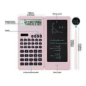LveSunny Scientific Calculators for Middle School & High School, Solar and Battery Power with Notepad for School，10 Digits Digital with Erasable Writing Board Math Calculator (Pink)
