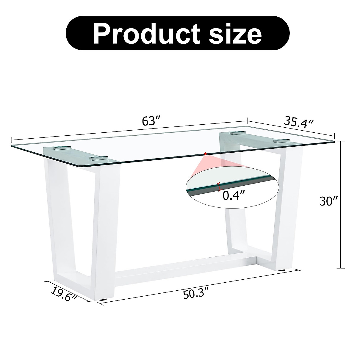 LKTART 63'' Tempered Glass Tabletop Industrial Rectangular Conference Table Dining Table with Black Leg Metal Frame(White)