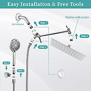 Rain Shower Head with Handheld, Lanhado 12'' High Pressure Rainfall Shower Head with 11'' Extension Arm, 9 Settings Handheld Shower Heads with Holder & Hose, Anti-leak Waterfall Showerhead, Chrome