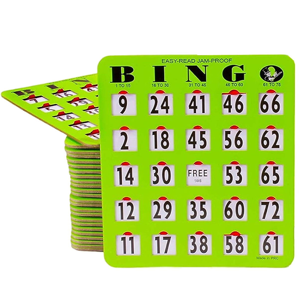 MR CHIPS Jam-Proof Easy-Read Large Print Fingertip Bingo Cards with Sliding Windows - 50 Pack in Green Style