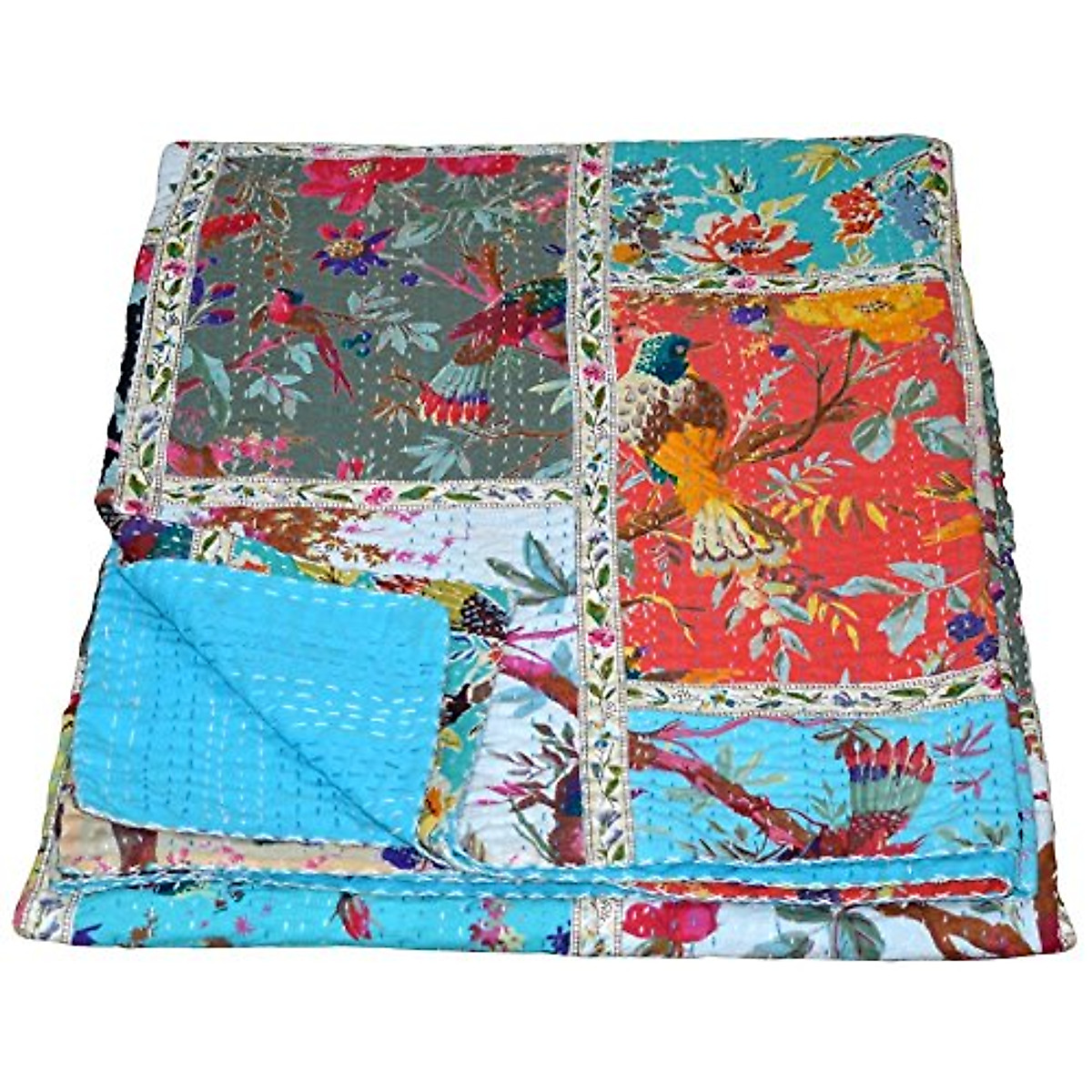 V Vedant Designs Bird Print Patchwork Cotton Kantha Quilt Throw Blanket Bedspread Gudari (Twin Size)