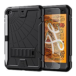 TSQQST iPad Mini 4/5 Case with Glass Screen Protector for Kids | iPad Mini 5th Generation Case with Pencil Holder Stand | Shockproof Rugged Protective Case for iPad Mini 5/4 7.9 Inch | Black