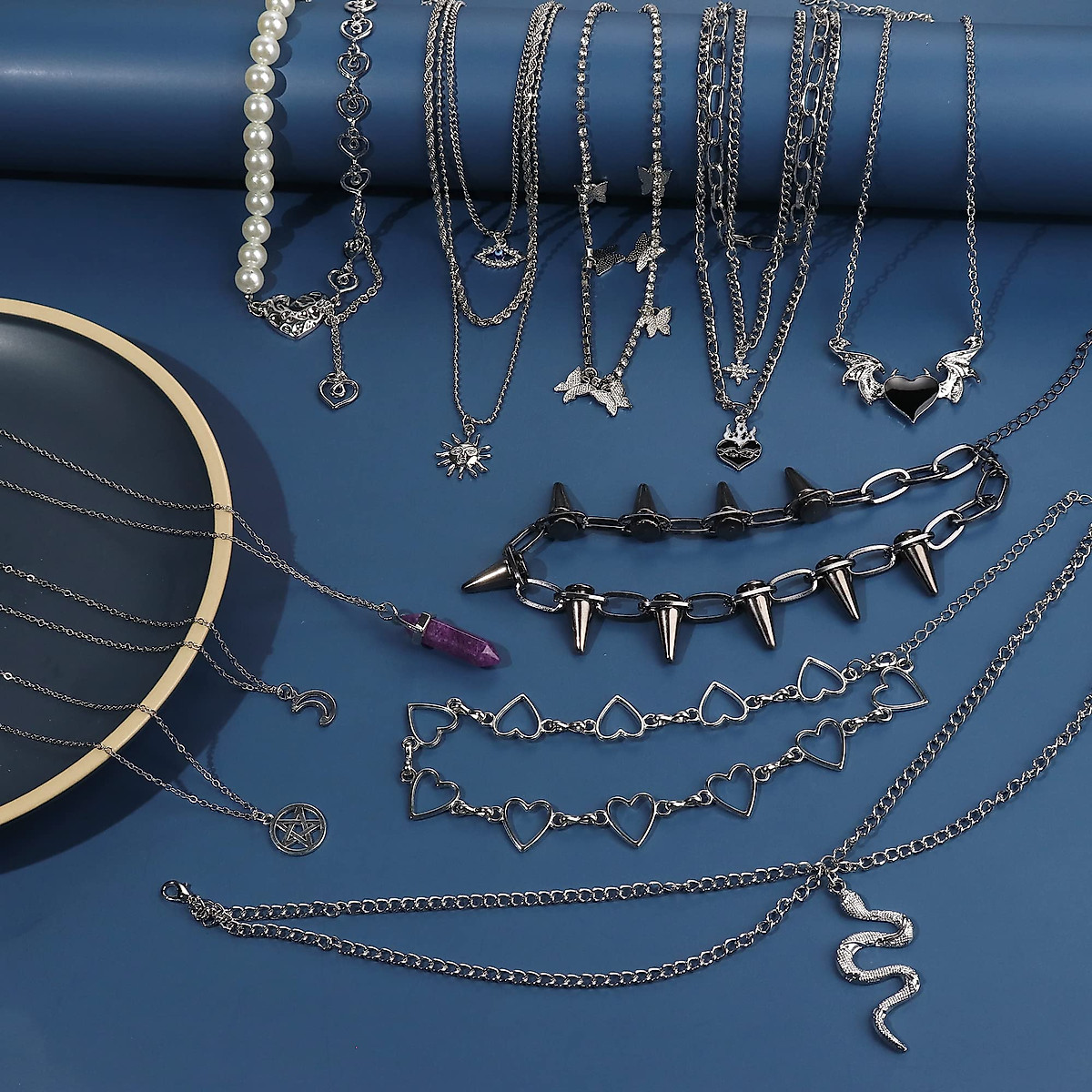 Sanfenly 9Pcs Y2k Goth Necklaces Gothic Jewelry For Women Men Emo Grunge Cool Punk Vintage Necklace Jewelry Chain Layered Pendant Choker Moon Pentagram Spike Butterfly Snake Heart Wing Necklace Set