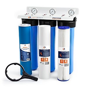 Aquaboon 3 Stage Water Filter System for Well Water - PP Sediment Filter & GAC Filter & Pleated Filter Cartridges & Whole House 20x4.5 Water Filter Housing w/Wrench, Bracket & Pressure Gauge & Release