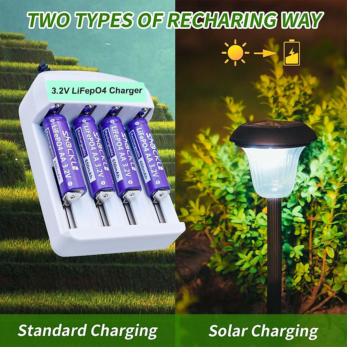 funkawa 4 Pack- Shockli AA 3.2V LiFePo4 650mAh Battery, AA 3.2V Solar Rechargeable Batteries - Ideal for Solar Garden Light