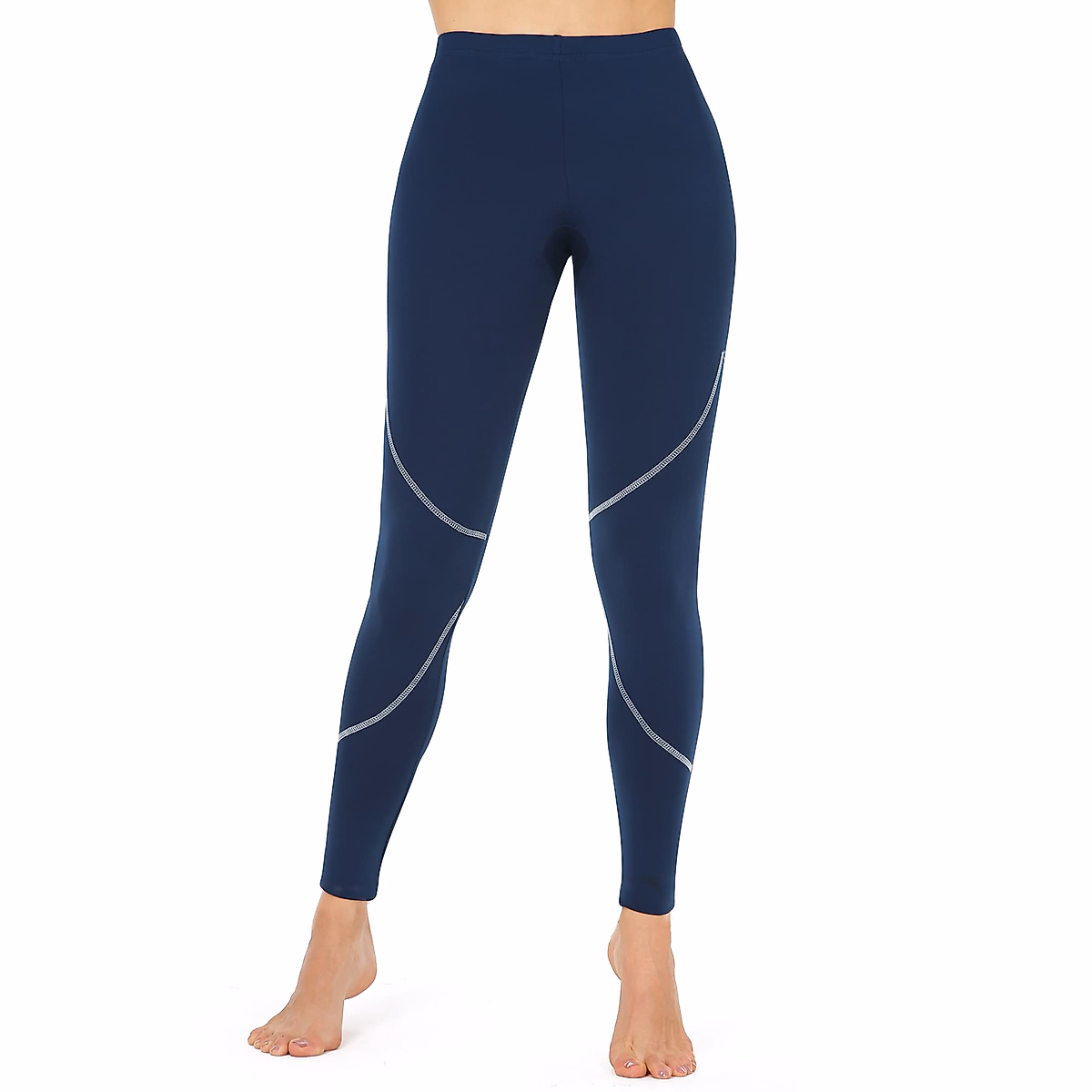 MANCYFIT Thermal Pants Women Fleece Lined Leggings Womens Thermal Underwear Bottoms Contrast Color Stitching Winter Leggings Navy and White Lines X-Small