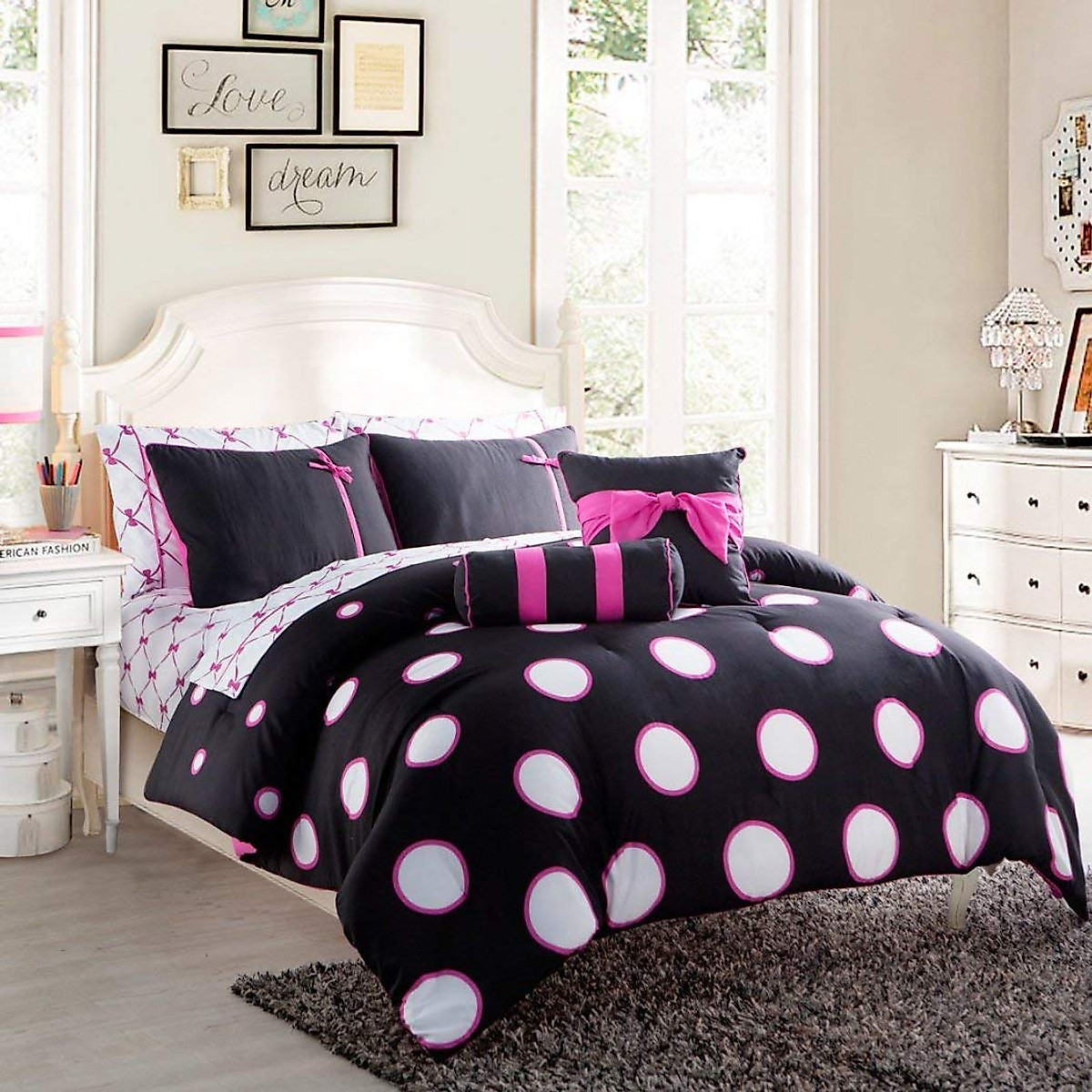 VCNY Home Sophie Polka Dot 10 Piece Bed-in-a-Bag Comforter Set, Full, Black/Pink