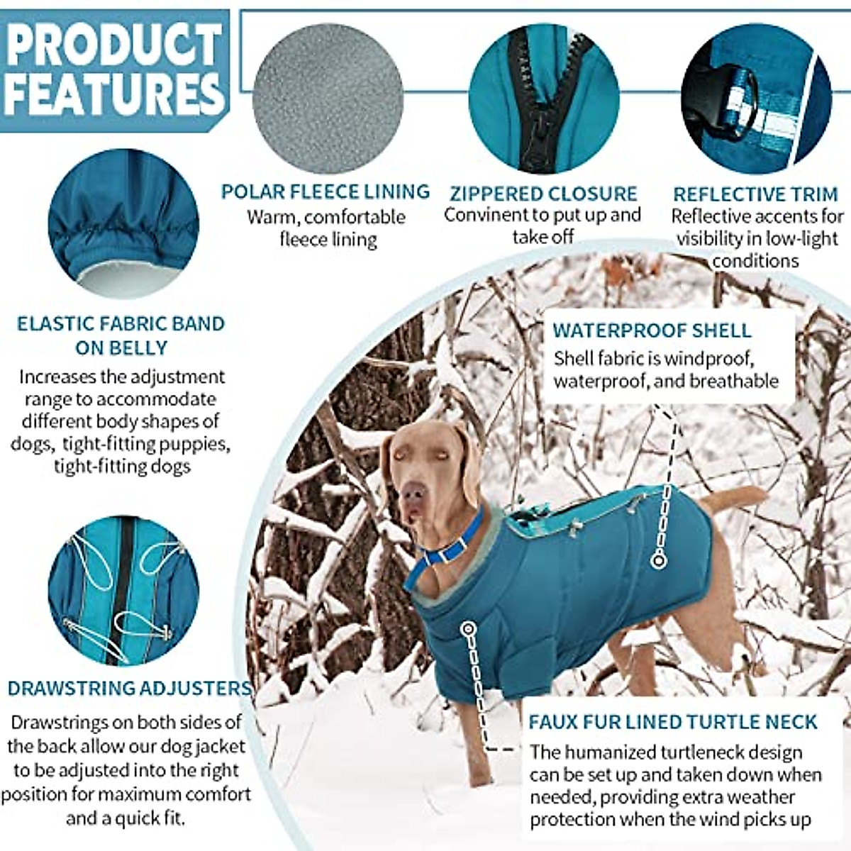 Bonaweite Warm Dog Coat, Waterproof Dog Winter Jacket for Large Medium Small Dogs, Dog Fleece Vest Dog Snowsuit Dog Cold Weather Coat, Doggy Sweater Hoddies Apparel Dog Coat with Harness Built in