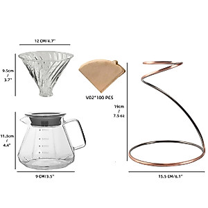 HYAXGM Pour Over Coffee Maker Set，20oz/600ml Pour Over Coffee Dripper & Glass Lid，Metal Dripper Stand and 100 Count Paper Coffee Filters，4 in 1 Set for Home or Office