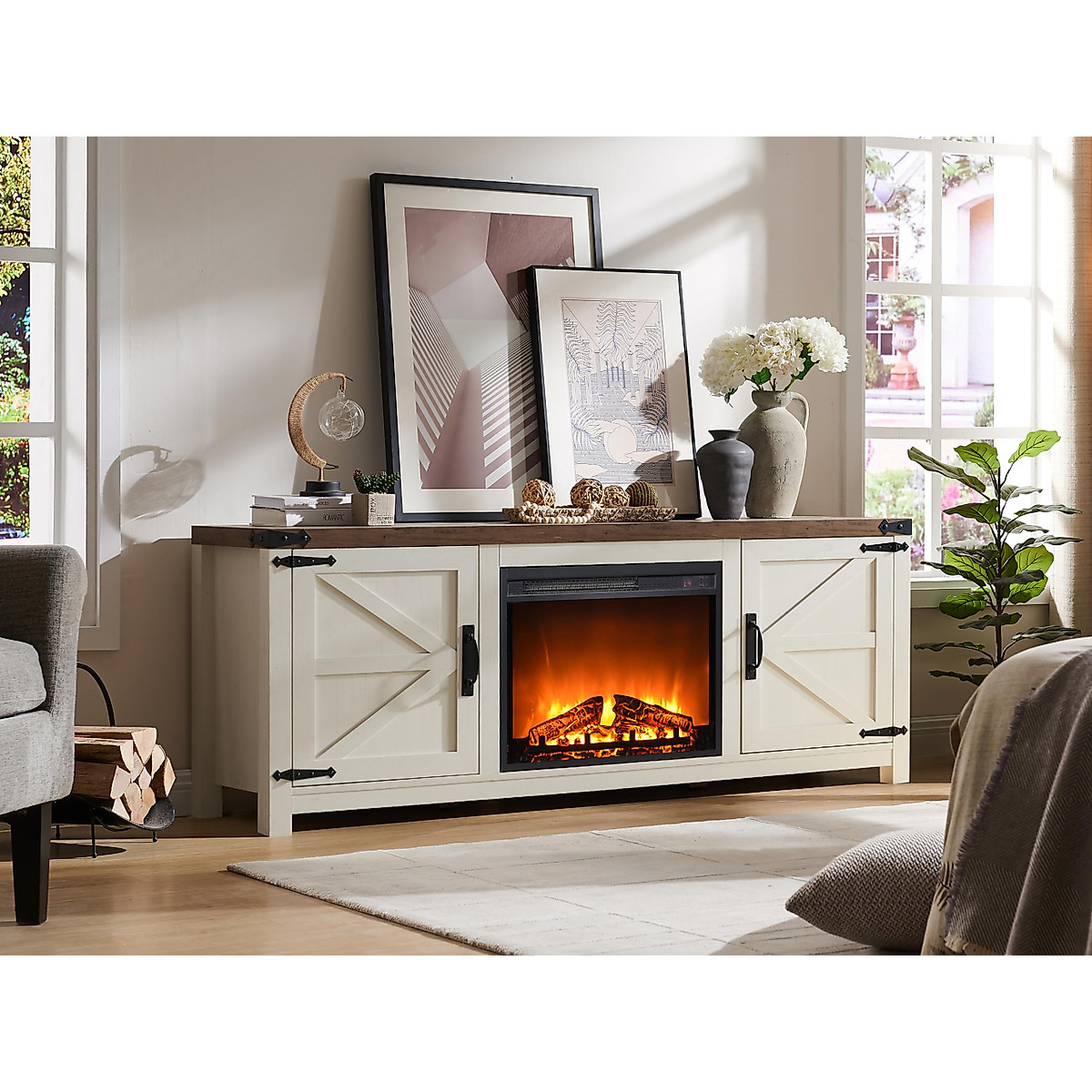 OKD Farmhouse Fireplace TV Stand for 70 75 Inch TV, Rustic Entertainment Center with 23" Electric Fireplace, Barn Door, Adjustable Shelves, Wood Media Console Cabinet for Living Room, Antique White