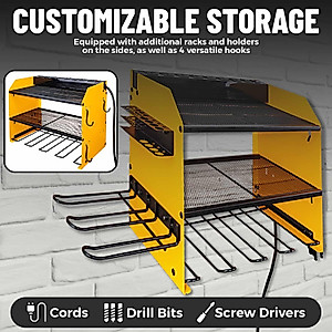 Power Tool Organizer with 6 Drill Holders – 8 Integrated Charging Outlets - Heavy Duty Wall Mounted Storage Rack for Drills, Cordless Tools, and Accessories – Multiple Hooks - Spacious Design