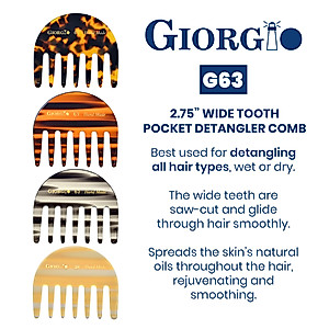 Giorgio G63 Wide Tooth Comb Detangling Comb, Pocket Comb and Travel Comb Wide Tooth Combs for Women for Thick Hair, Hair Detangler Comb For Wet and Dry Everyday Care. Handmade, Saw-Cut, and Polished