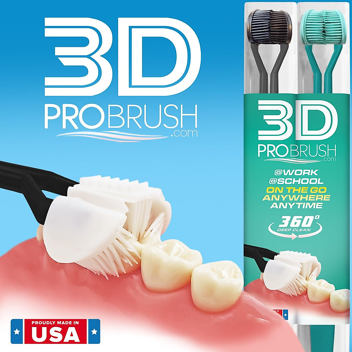 3D Pro Brush | 3-Sided Toothbrush | 3X Clean Two-Pack | 360 Gum Massage Triple Deep Clean Ultra Soft Replacement Heads Tongue Scraper Sustainable Sensory Gift Oral Health Care Travel Three Made in USA